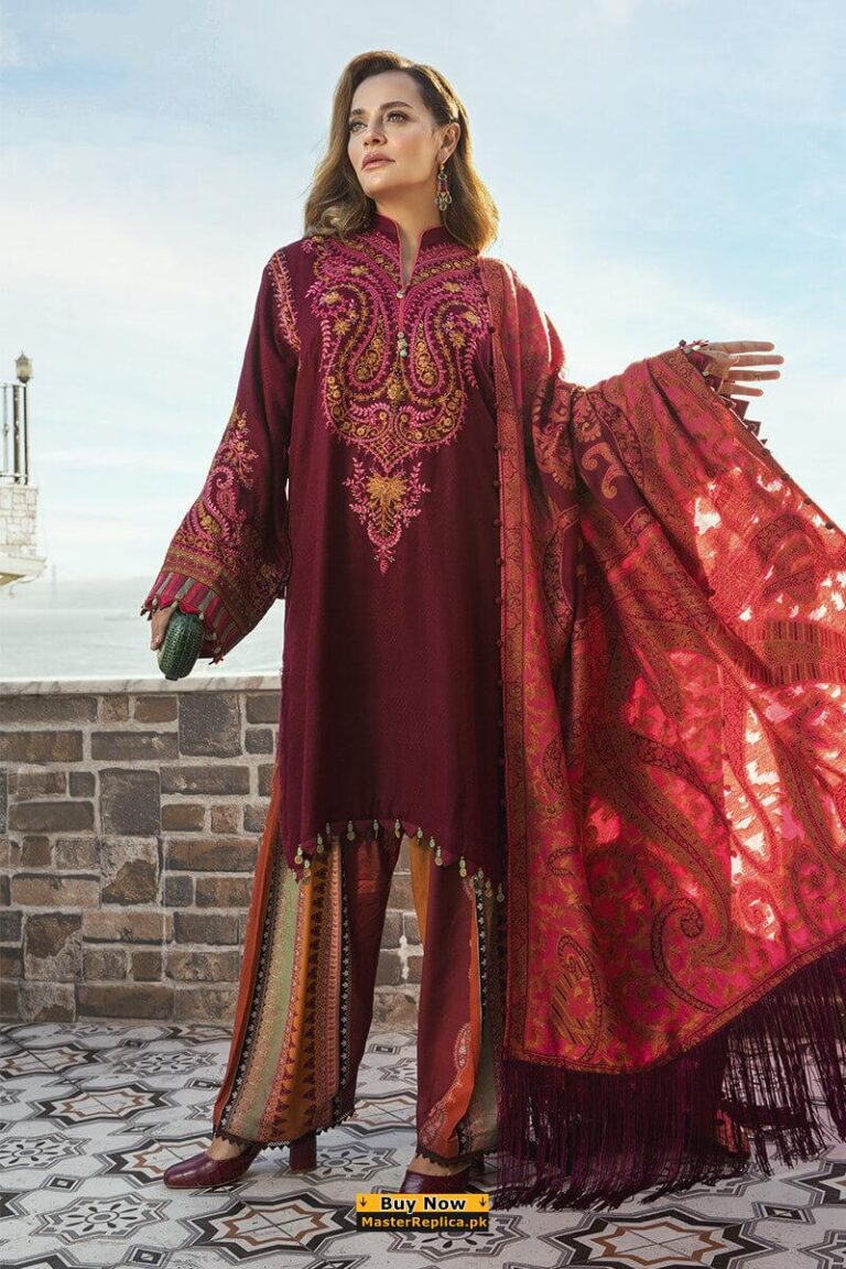 Maria B Maroon Lawn Dress Master Replica - Master Replica Pakistan